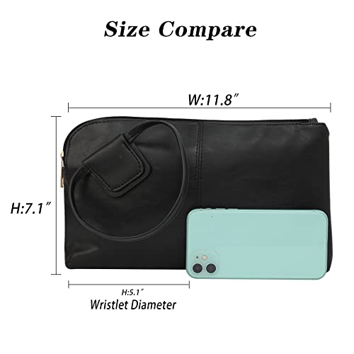 THOVSMOON Wristlet Clutch Purses for Women,Soft Vegan Leather Evening bag with Round handle,LargeĀ Zippered Bracelet Clutch (Black)