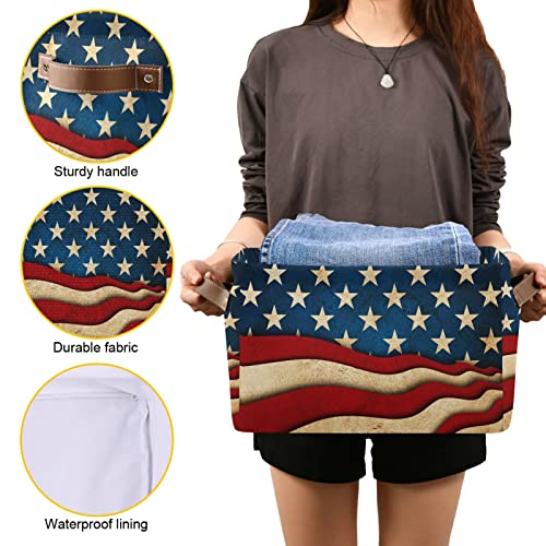 America Usa Flag Storage Basket Large Collapsible Storage Cube Bin Rectangular Laundry Organizer with Leather Handles for Nursery Shelf Bedroom Home, 1Pc