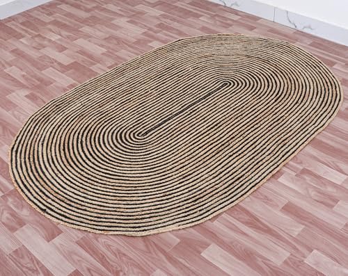 PATEL EXPORTS Natural Jute Rug, Bohemian Area Rug, Boho Décor Indoor Outdoor Rug, Handwoven Hallway Runner Rug for Entryway (Beige & Black, 4x6)
