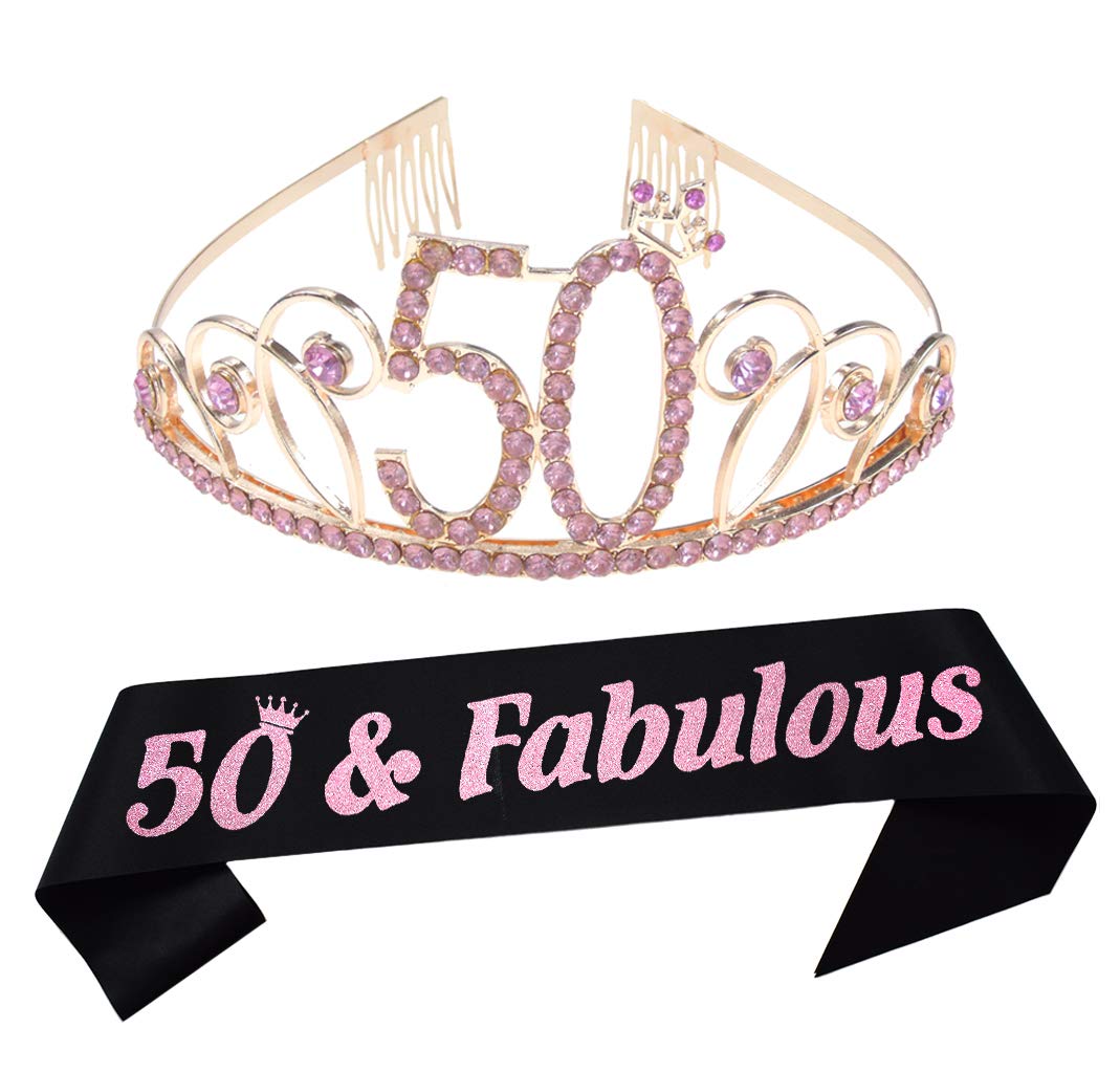 50th Birthday Tiara and Sash Happy 50th Birthday Party Supplies 50 Fabulous Black Glitter Satin Sash and Rose Gold Crystal Tiara Princess Birthday Crown for Women 50th Birthday Party Decorations