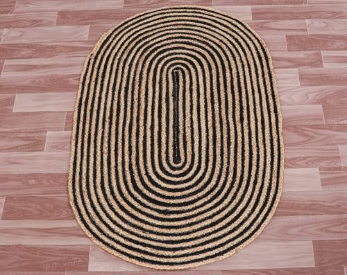 PATEL EXPORTS Natural Jute Rug, Bohemian Area Rug, Boho Décor Indoor Outdoor Rug, Handwoven Hallway Runner Rug for Entryway (Beige & Black, 4x6)