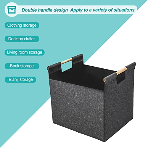 2 Pack Collapsible Felt Storage Bins,20"x16"x15" Black Storage Basket, Linen Fabric with Wooden Carry Handles for Clothes, Shoe, Book, Magazine, Wood(Large Size)