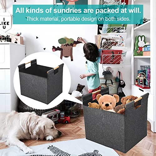 2 Pack Collapsible Felt Storage Bins,20"x16"x15" Black Storage Basket, Linen Fabric with Wooden Carry Handles for Clothes, Shoe, Book, Magazine, Wood(Large Size)