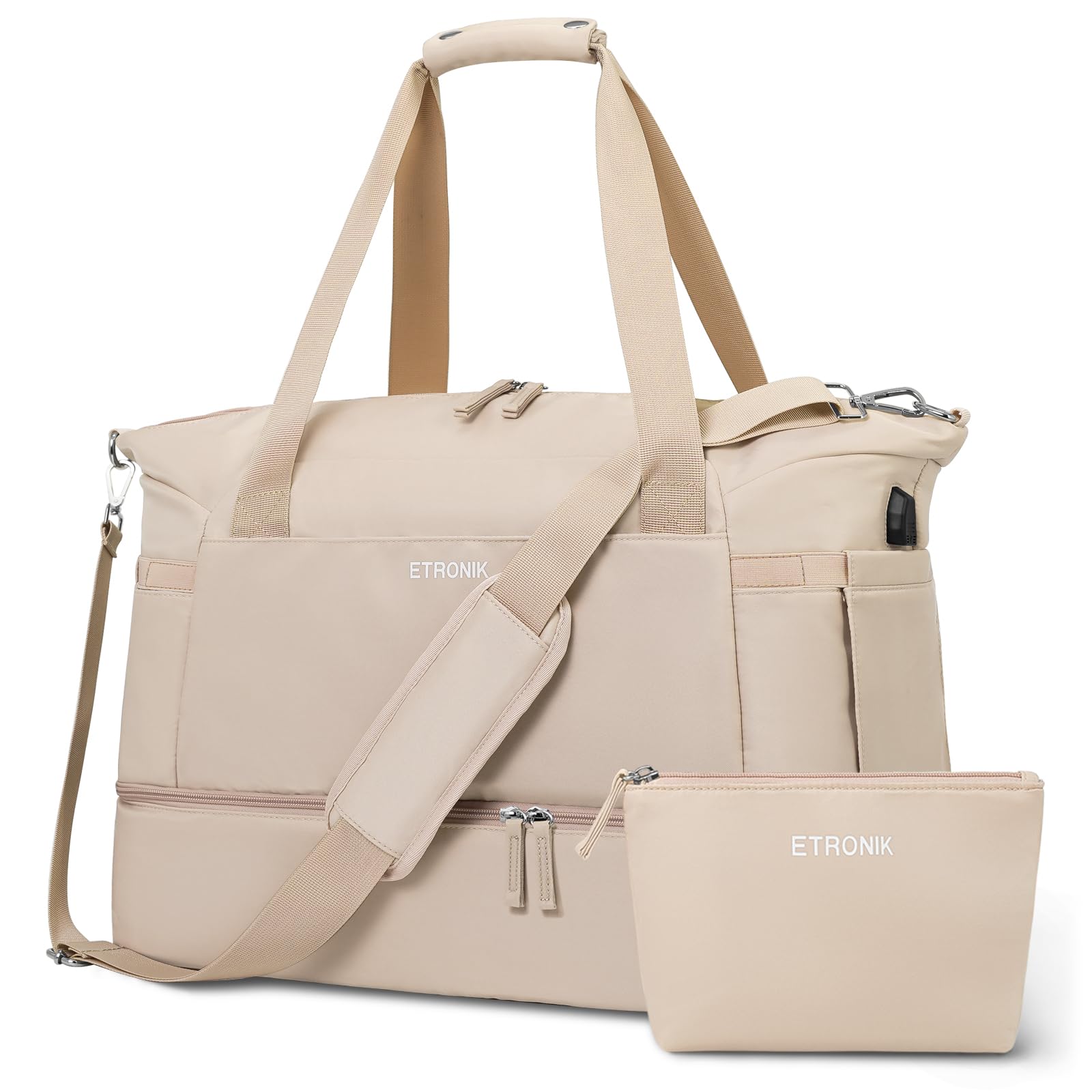 ETRONIK Gym Bag for Women, 55L Travel Duffel Bag with USB Charging Port, Weekender Overnight Bag with Wet Pocket and Shoes Compartment for Women Travel, Large Size (Khaki)
