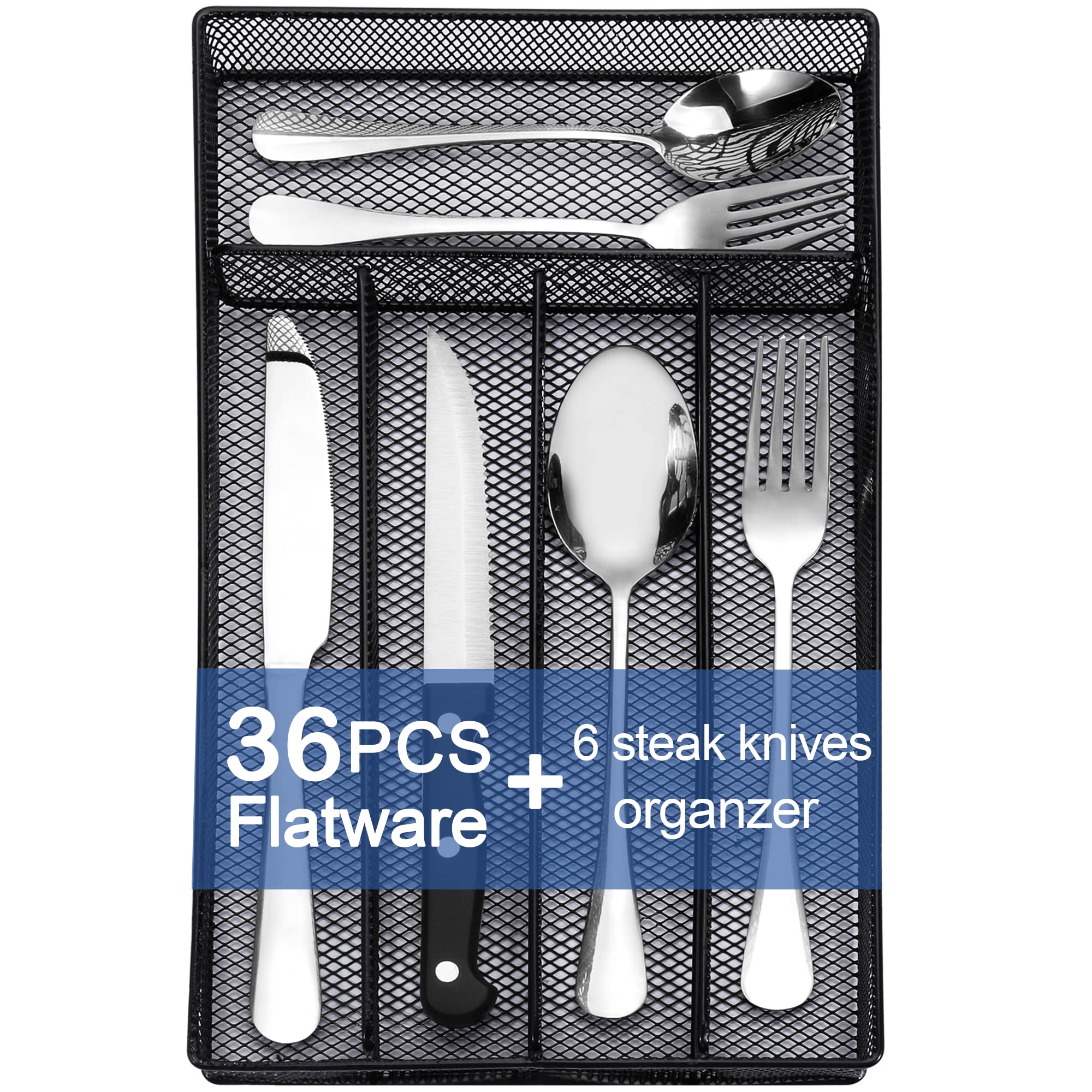 36-Piece Silverware Set Stainless Steel Flatware Set for 6, Cutlery Set with Organizer, Fork Spoon Knife with Storage Case, Silver