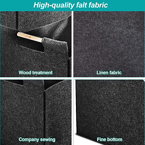 2 Pack Collapsible Felt Storage Bins,20"x16"x15" Black Storage Basket, Linen Fabric with Wooden Carry Handles for Clothes, Shoe, Book, Magazine, Wood(Large Size)