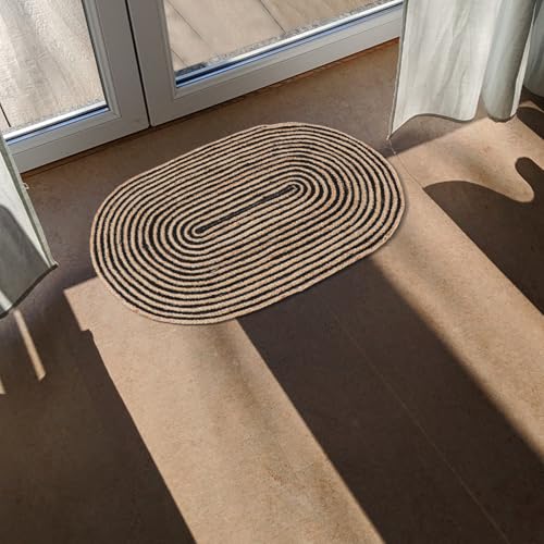 PATEL EXPORTS Natural Jute Rug, Bohemian Area Rug, Boho Décor Indoor Outdoor Rug, Handwoven Hallway Runner Rug for Entryway (Beige & Black, 4x6)