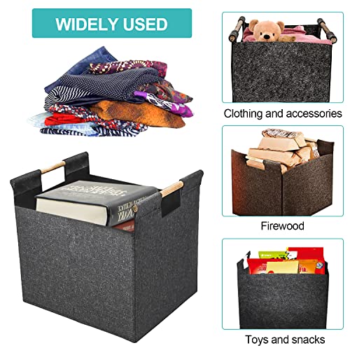 2 Pack Collapsible Felt Storage Bins,20"x16"x15" Black Storage Basket, Linen Fabric with Wooden Carry Handles for Clothes, Shoe, Book, Magazine, Wood(Large Size)