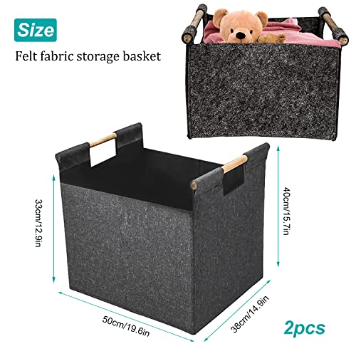 2 Pack Collapsible Felt Storage Bins,20"x16"x15" Black Storage Basket, Linen Fabric with Wooden Carry Handles for Clothes, Shoe, Book, Magazine, Wood(Large Size)