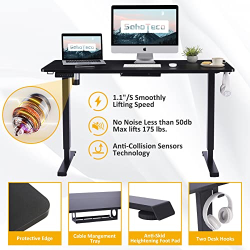 SohoTeco Electric Standing Desk,48x24 Super Stable Stand Up Desk Height Adjustable with Memory Controller,Sit Stand Desk with Cable Management Tray for Home Office,Solid Board& Steel Frame Black
