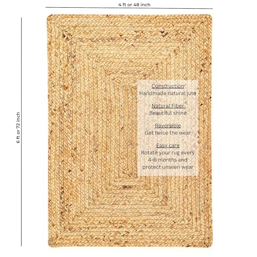 Homespice George Natural Jute Rug 4x6', Beautifully Hand Braided Farmhouse Rug in Rustic Burlap Style, Reversible, and Durable Braided Rug