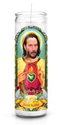 LitFriends Saint Keanu Reeves Celebrity Prayer Candle: Non Scented | 8 inch Glass Prayer Votive - 100% Handmade in USA | Funny Gift Idea