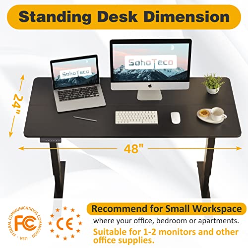 SohoTeco Electric Standing Desk,48x24 Super Stable Stand Up Desk Height Adjustable with Memory Controller,Sit Stand Desk with Cable Management Tray for Home Office,Solid Board& Steel Frame Black