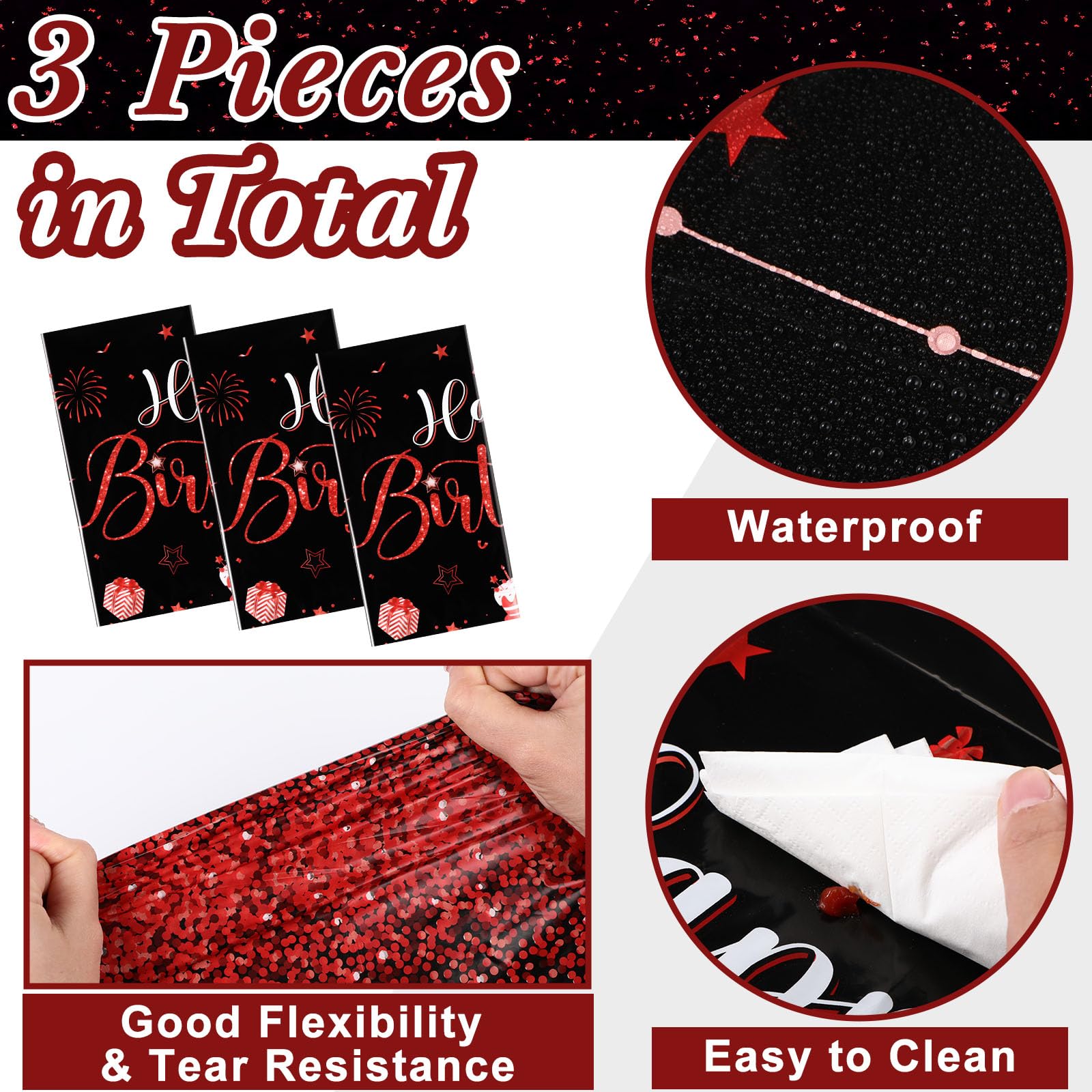 Tudomro 3 Pcs Happy Birthday Tablecloths Happy Birthday Party Decorations Plastic Table Cover Rectangular Cloths for Women Men Baby Shower Party Supplies, 108 x 54 Inch (Black Red)