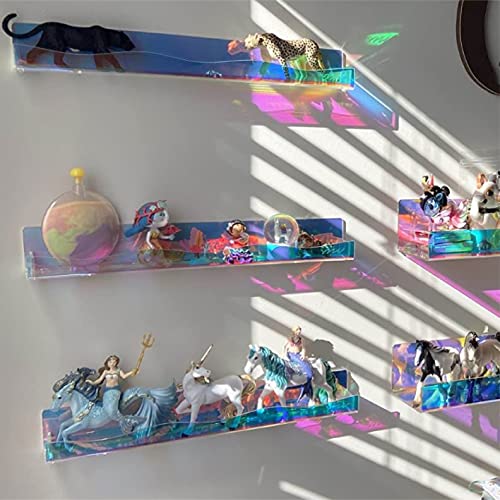 YMVV Large Iridescent Clear Acrylic Wall Mounted Floating Shelf,Room Wall Display Bookshelf,Modern 15.7 in Thickened Bathroom Storage Ledge Shelves Toy Display Organizer Decor 4 Pack
