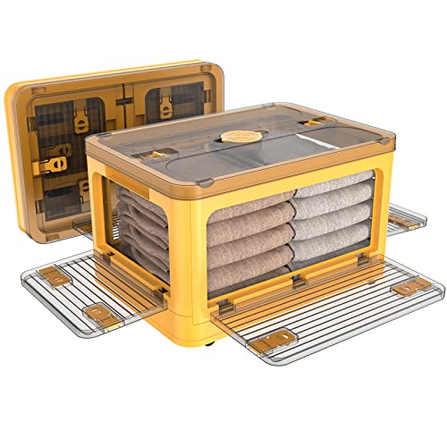 Storage Bins with Lid, Plastic Storage Bins, 5 Side Open Stackable Storage Bins with Wheels, Clear Collapsible Storage Box Containers for Organizing Clothes, Toy, Books, Grocery, Quilt (30 Qt. 1-Pack, Yellow)