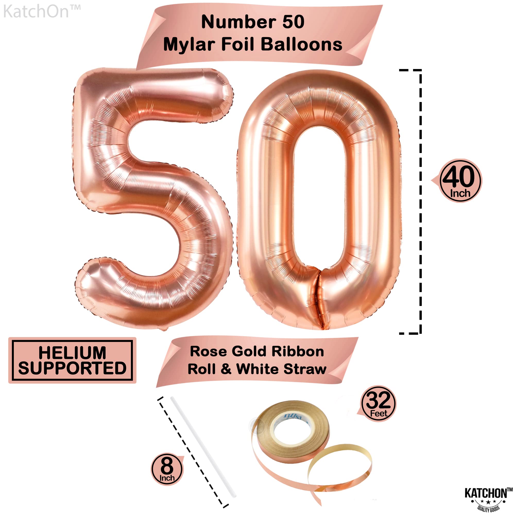 KatchOn, Rose Gold 50th Birthday Balloons - Giant, 40 Inch | 50 Balloon Number | 50th Anniversary Decorations
