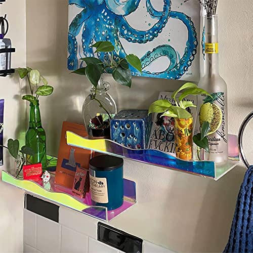 YMVV Large Iridescent Clear Acrylic Wall Mounted Floating Shelf,Room Wall Display Bookshelf,Modern 15.7 in Thickened Bathroom Storage Ledge Shelves Toy Display Organizer Decor 4 Pack