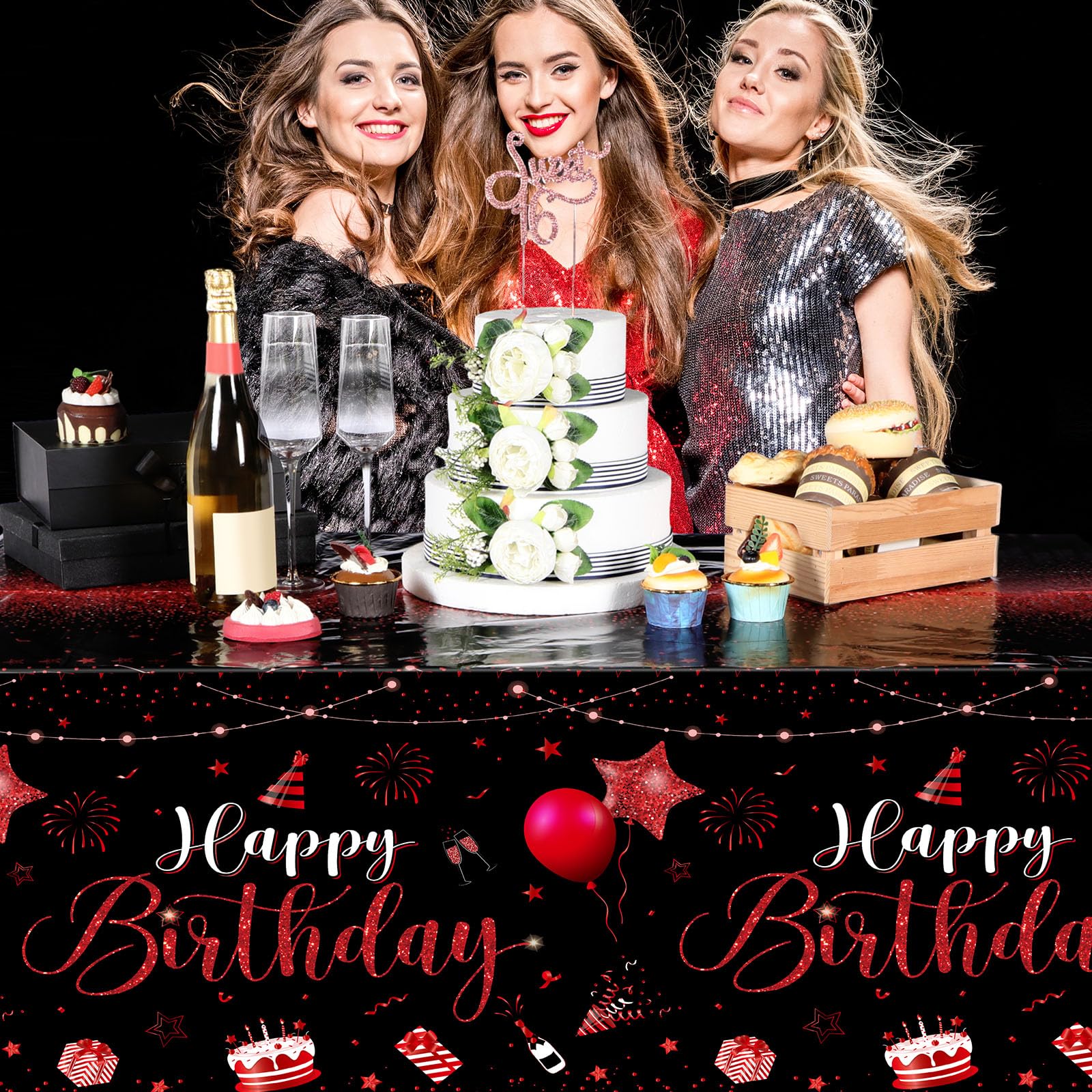 Tudomro 3 Pcs Happy Birthday Tablecloths Happy Birthday Party Decorations Plastic Table Cover Rectangular Cloths for Women Men Baby Shower Party Supplies, 108 x 54 Inch (Black Red)