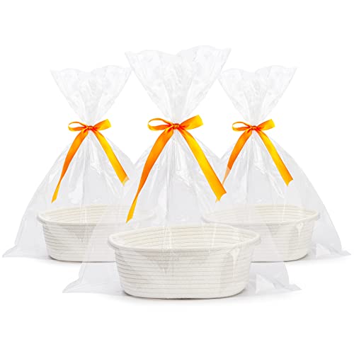 Pro Goleem 3-Piece Small Woven Basket with Gift Bags and Ribbons, Different Size Baskets for Gifts Empty, Easter Baskets Empty, Rope Basket for Storage, 12"X 8" X 5" Baby Basket with handles, White