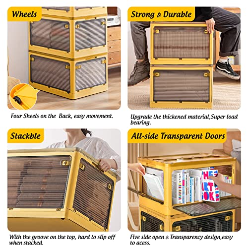Storage Bins with Lid, Plastic Storage Bins, 5 Side Open Stackable Storage Bins with Wheels, Clear Collapsible Storage Box Containers for Organizing Clothes, Toy, Books, Grocery, Quilt (30 Qt. 1-Pack, Yellow)