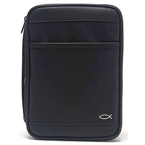 Black Fish Leather Like Vinyl Bible Cover Case with Handle, Thinline