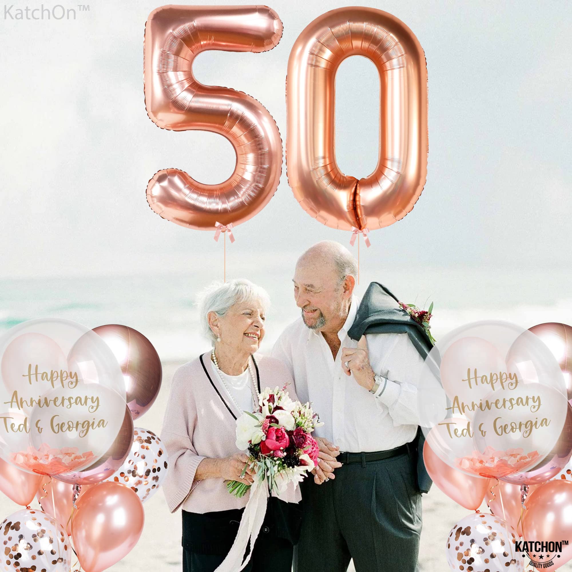 KatchOn, Rose Gold 50th Birthday Balloons - Giant, 40 Inch | 50 Balloon Number | 50th Anniversary Decorations