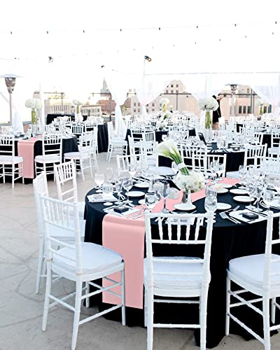 6 Pack Round Plastic Tablecloth 84" Black Disposable Table Covers Waterproof Circle Party Table Cloths for Round Tables and 6 Pack 12"x108" Rose Gold Satin Table Runners for Parties Birthday Picnic