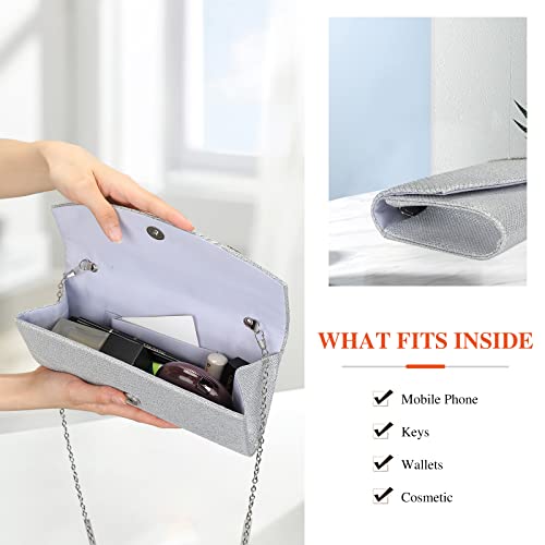 Pinprin Womens Evening Clutch Bag Ladies Envelope Handbag Prom Bridal Wedding Party Purse with Detachable Chain (C-Silver)