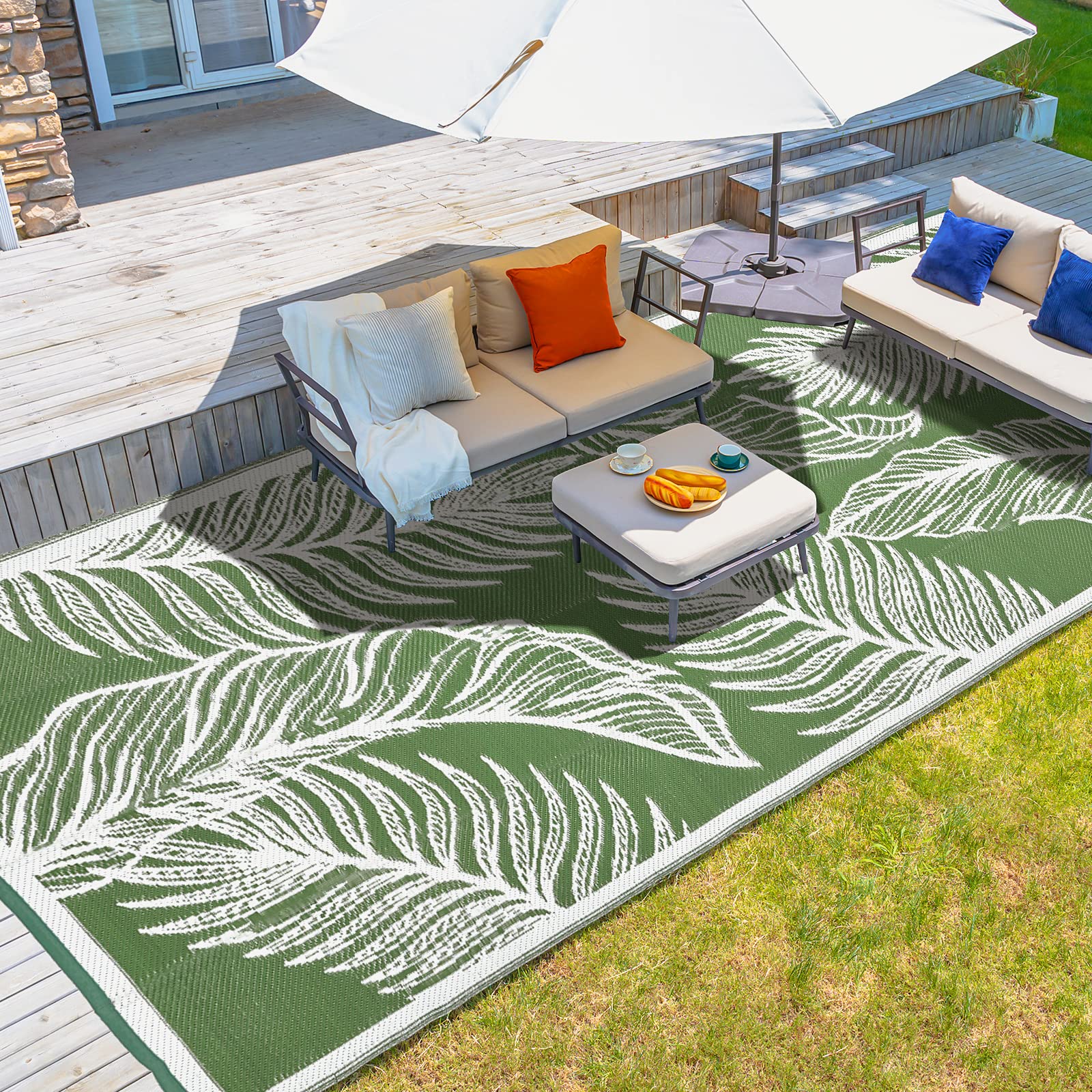 wikiwiki Outdoor Rugs 9x18 for Patios Clearance, Waterproof & Portable Camping Rugs for Outside Your RV, Large Indoor/Outdoor Plastic Straw Mats, Perfect for Deck,Balcony,Pool,Green, Rugscape Series
