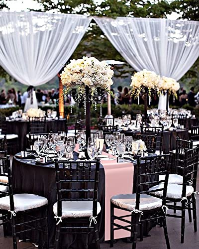 6 Pack Round Plastic Tablecloth 84" Black Disposable Table Covers Waterproof Circle Party Table Cloths for Round Tables and 6 Pack 12"x108" Rose Gold Satin Table Runners for Parties Birthday Picnic