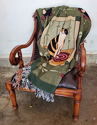 Cat Gallery Giftable Fringed Woven Tapestry Afghan/Throw Blanket or Wall Hanging (51" x 68") 100% Cotton Featuring Fat Cat/Black&White Cat/Orange&Black Tiger Cat/Ginger & White Cat -Made in The USA