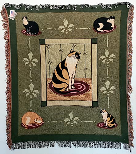 Cat Gallery Giftable Fringed Woven Tapestry Afghan/Throw Blanket or Wall Hanging (51" x 68") 100% Cotton Featuring Fat Cat/Black&White Cat/Orange&Black Tiger Cat/Ginger & White Cat -Made in The USA