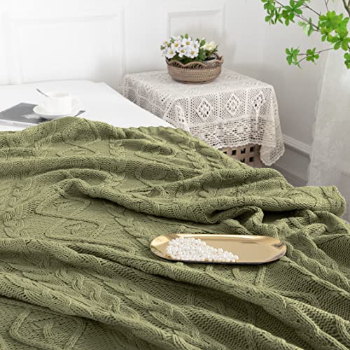 Milvowoc Olive Green Throw Blanket and Pillow Covers Set, 50" x 60" Cable Knit Throw Blanket + 2 Pieces 18" x 18" Knitted Throw Pillowscase, Decorative Throw Blankets Knitted Blanket for Sofa Couch