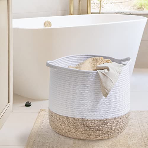 Rope Basket Woven Storage Basket 17.3x 15 x 14.1 Inches Cotton Blanket Organizer Laundry Basket Large,Baby Nursery Containers White Home Decor Gift
