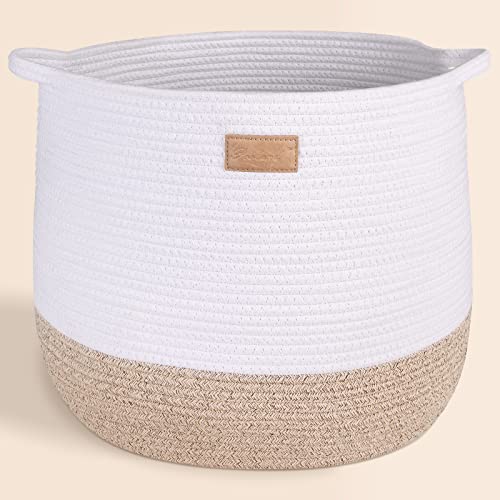 Rope Basket Woven Storage Basket 17.3x 15 x 14.1 Inches Cotton Blanket Organizer Laundry Basket Large,Baby Nursery Containers White Home Decor Gift