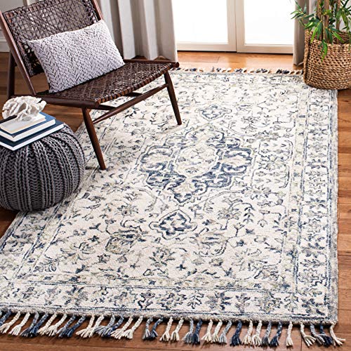 SAFAVIEH Aspen Collection Accent Rug - 4' x 6', Ivory & Blue, Handmade Boho Braided Tassel Wool, Ideal for High Traffic Areas in Entryway, Living Room, Bedroom (APN125A)