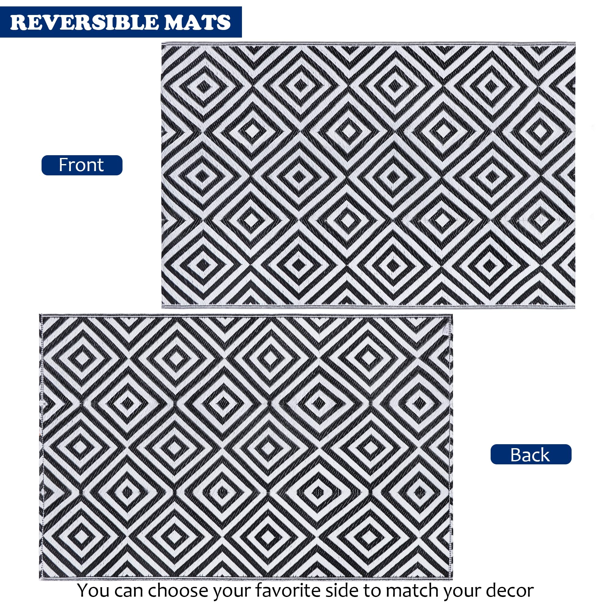 Ridota Reversible Mats for Outdoor Patio, Plastic Straw Modern Area Rug, Floor Mat for RV, Backyard, Deck, Picnic, Beach, Trailer, Camping (Diamond Black & White, 4' x 6')