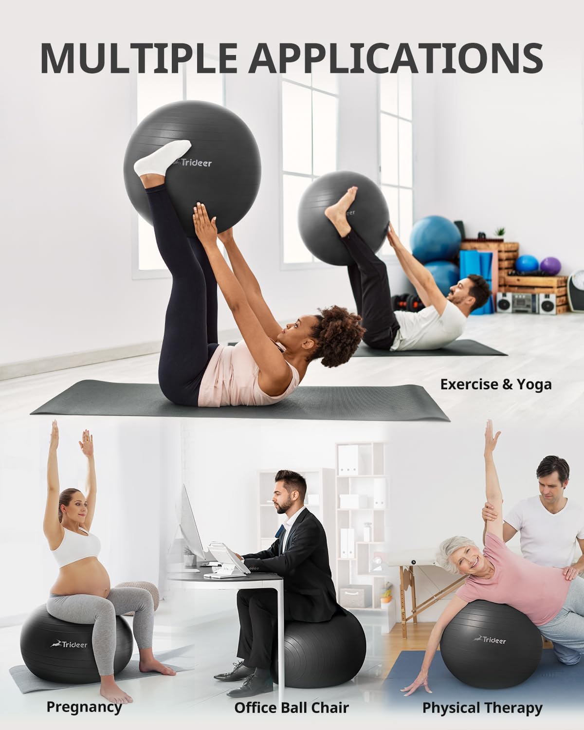 Trideer Extra Thick Yoga Ball Exercise Ball, 5 Sizes Ball Chair, Heavy Duty Swiss Ball for Balance, Stability, Pregnancy, Physical Therapy, Quick Pump Included