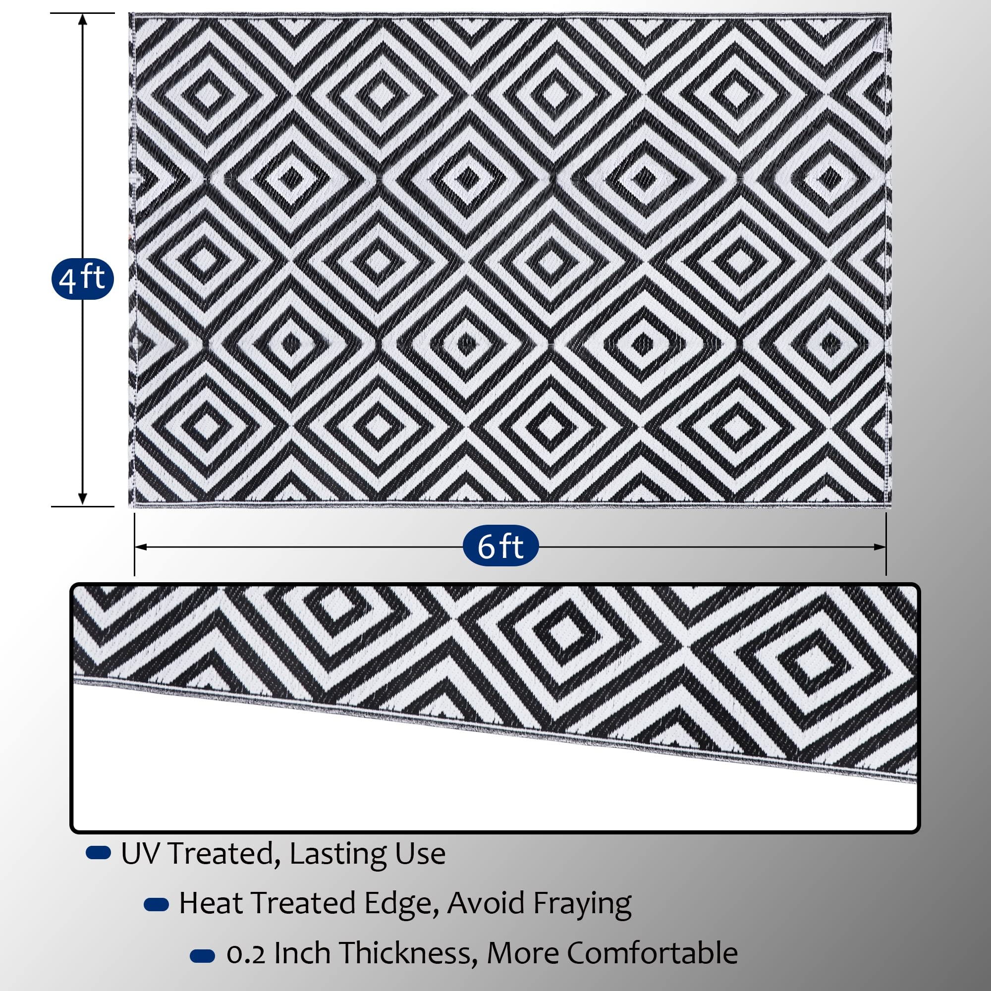 Ridota Reversible Mats for Outdoor Patio, Plastic Straw Modern Area Rug, Floor Mat for RV, Backyard, Deck, Picnic, Beach, Trailer, Camping (Diamond Black & White, 4' x 6')