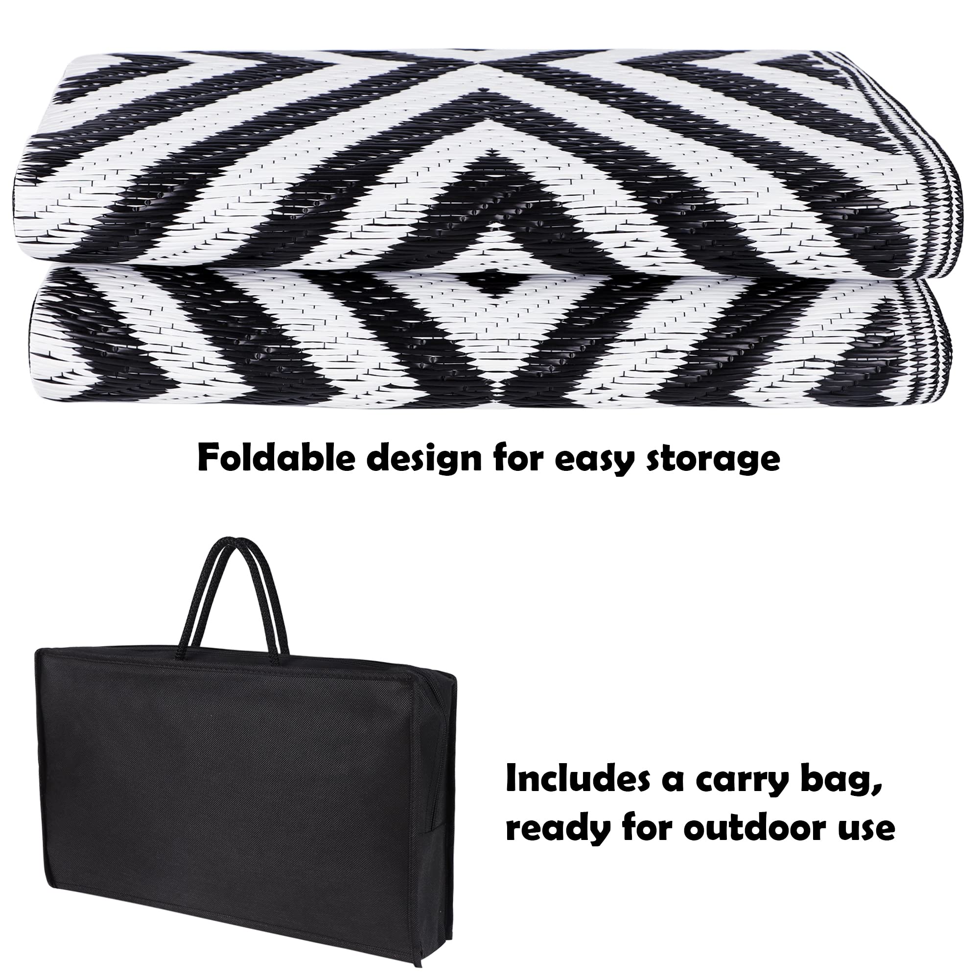 Ridota Reversible Mats for Outdoor Patio, Plastic Straw Modern Area Rug, Floor Mat for RV, Backyard, Deck, Picnic, Beach, Trailer, Camping (Diamond Black & White, 4' x 6')