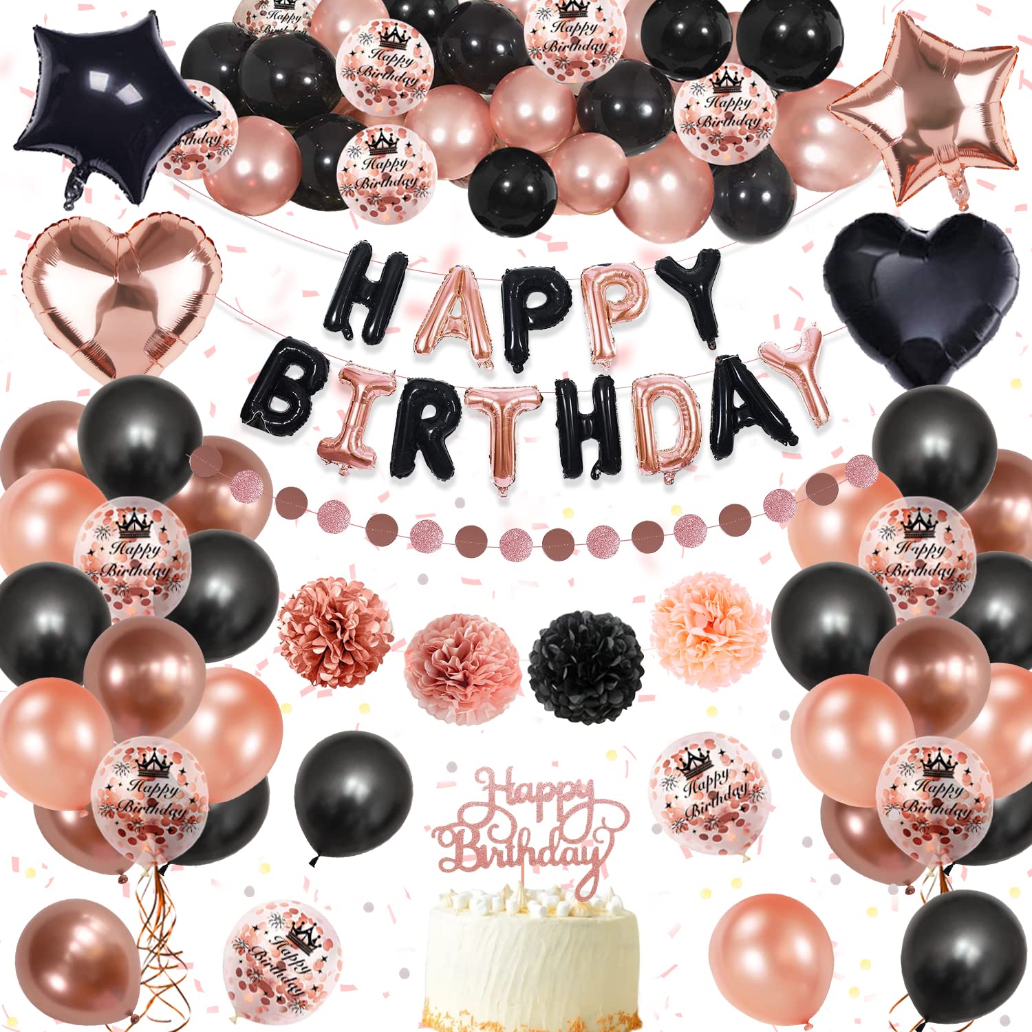 Birthday Decorations Rose Gold Black, KISPATTI 51 Pieces Rose Gold Black Birthday kit with Happy birthday Foil Confetti Balloons, Birthday Party Decorations Supplies for Women Girls 21 30 40 50 70th