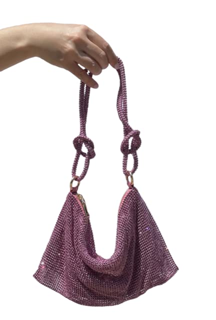 Women's Crystal Rhinestone Slouchy Shoulder Bag for Women Chic Evening Handbag Shiny Purse for Travel Vacation 2022, Rose Pink