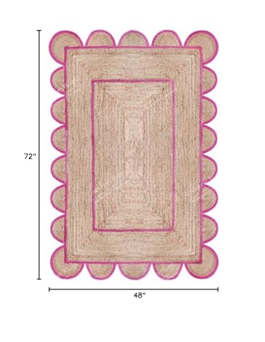 Chouhan Rugs Area Rug Natural Jute Hand Braided Rug Pink Scalloped Runner