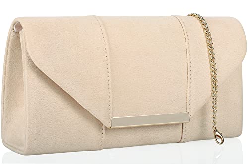 Dexmay Women Faux Suede Envelope Clutch Purse Evening Velvet Handbag Foldover Shoulder Crossbody Bag Nude