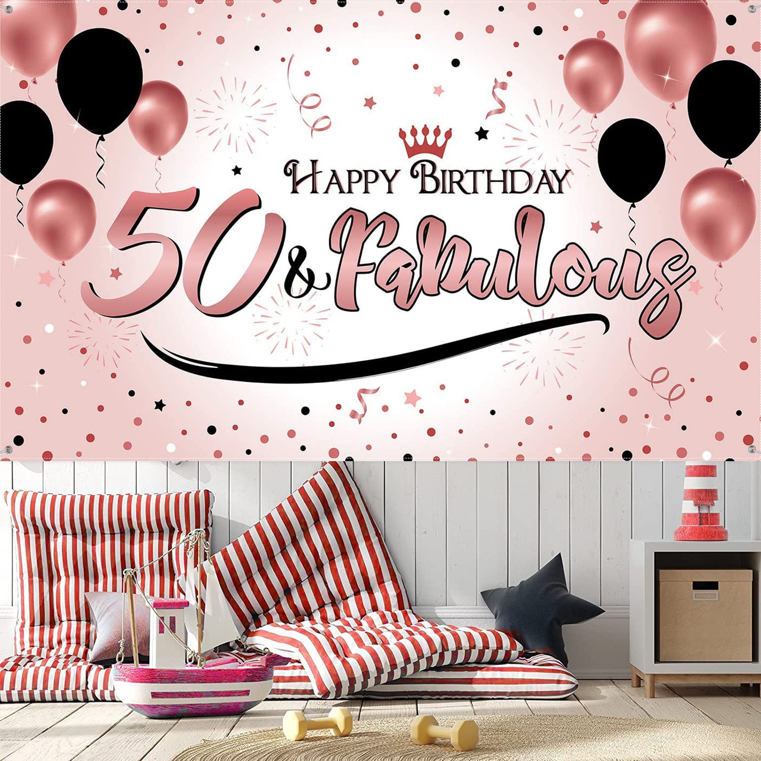 50th Birthday Backdrop Banner Black Rose Background Party Decoration for 50th Anniversary Photo Booth Background, 50th Birthday Party Supplies