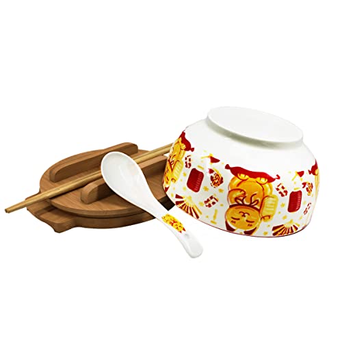 XWORLD Japanese Ceramic Ramen Noodle Bowls Set with Ceramic Spoon, Bamboo Chopsticks, Lid & Trivet, Serving Capacity of 33.8 OZ, Microwavable Oven Safety (3.3” x 6.6” D) (Lucky Cat)