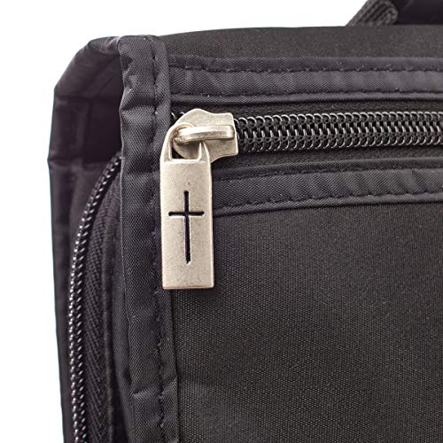 Christian Art Gifts Black Microfiber Bible Cover for Men and Women | Ichthus Jesus Fish Emblem | Large Zippered Tri-Fold Organizer Case for Bible