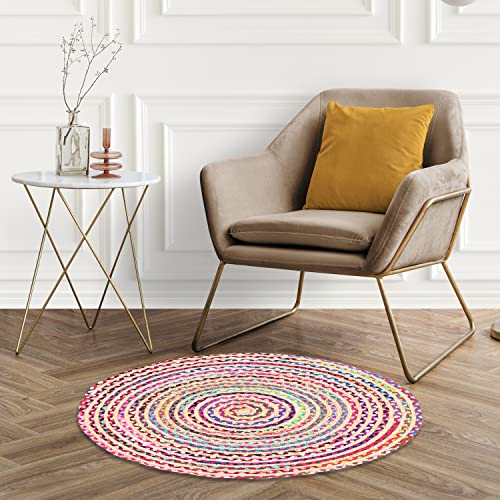INDIAN ARTISTIC Jute Cotton Multi Chindi Round Rag Rug 3X3' | Hand Woven Rug & Reversible Rug | Cotton Rag Rug | Handmade Multicolored Reversible Braided Rag Rug | Runner Rugs (Round Shape)