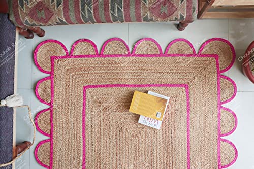 Chouhan Rugs Area Rug Natural Jute Hand Braided Rug Pink Scalloped Runner